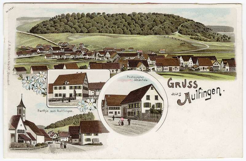 Ansichtspostkarte, Gruss aus Aulfingen., Mehrfachansicht: Gesamtansicht ...