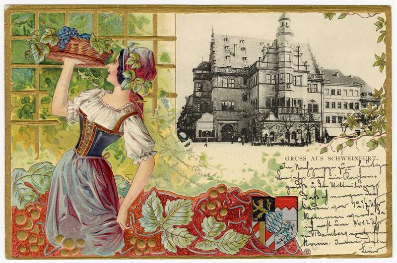 Ansichtspostkarte, Gruss aus Schweinfurt., Weinbäuerin in Tracht ...