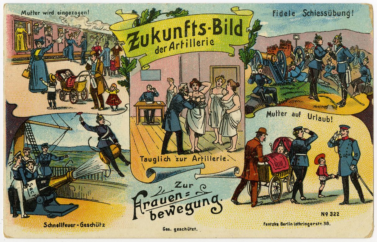 Ansichtspostkarte. Scherzkarte, Zukunfts-Bild der Artillerie. Zur ...
