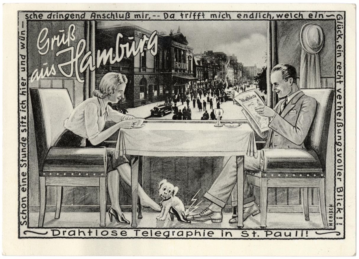 Ansichtspostkarte / Scherzkarte Gruss aus Hamburg, Paar am Tisch bei ...