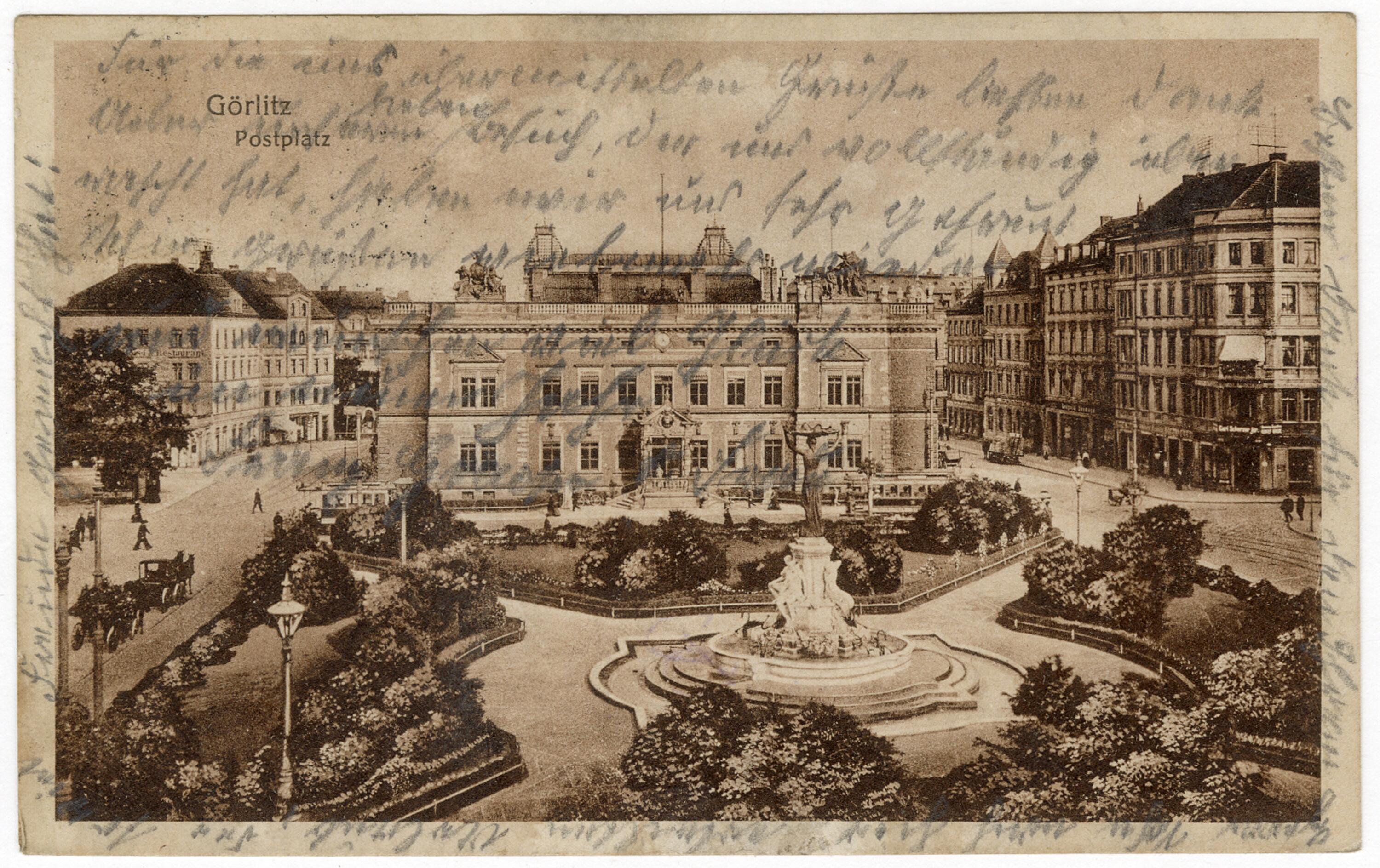 Ansichtspostkarte, Görlitz, Postplatz mit Postgebäude der Deutschen ...