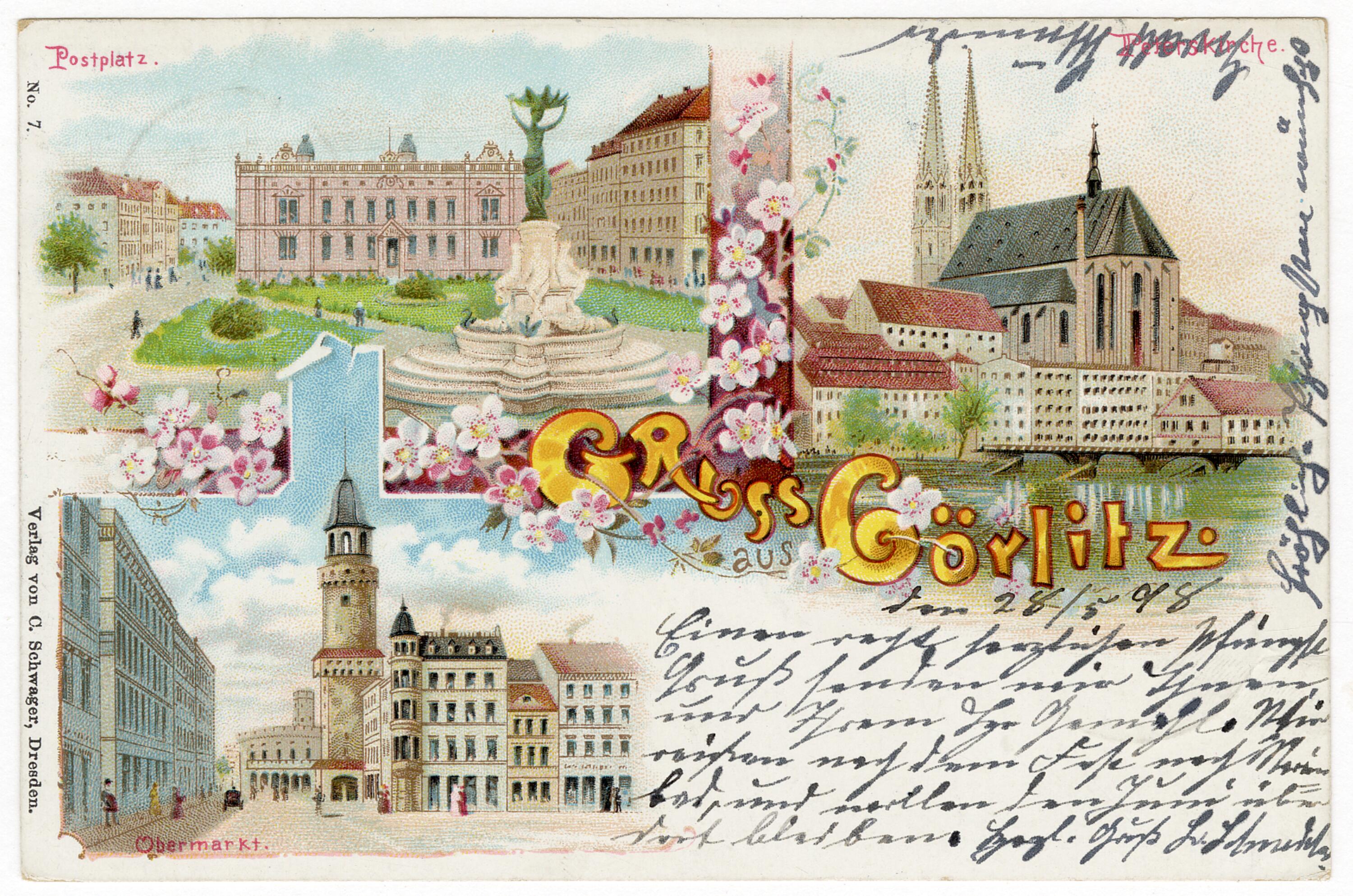 Ansichtspostkarte, Gruss aus Görlitz., Mehrfachansicht, Postplatz mit ...