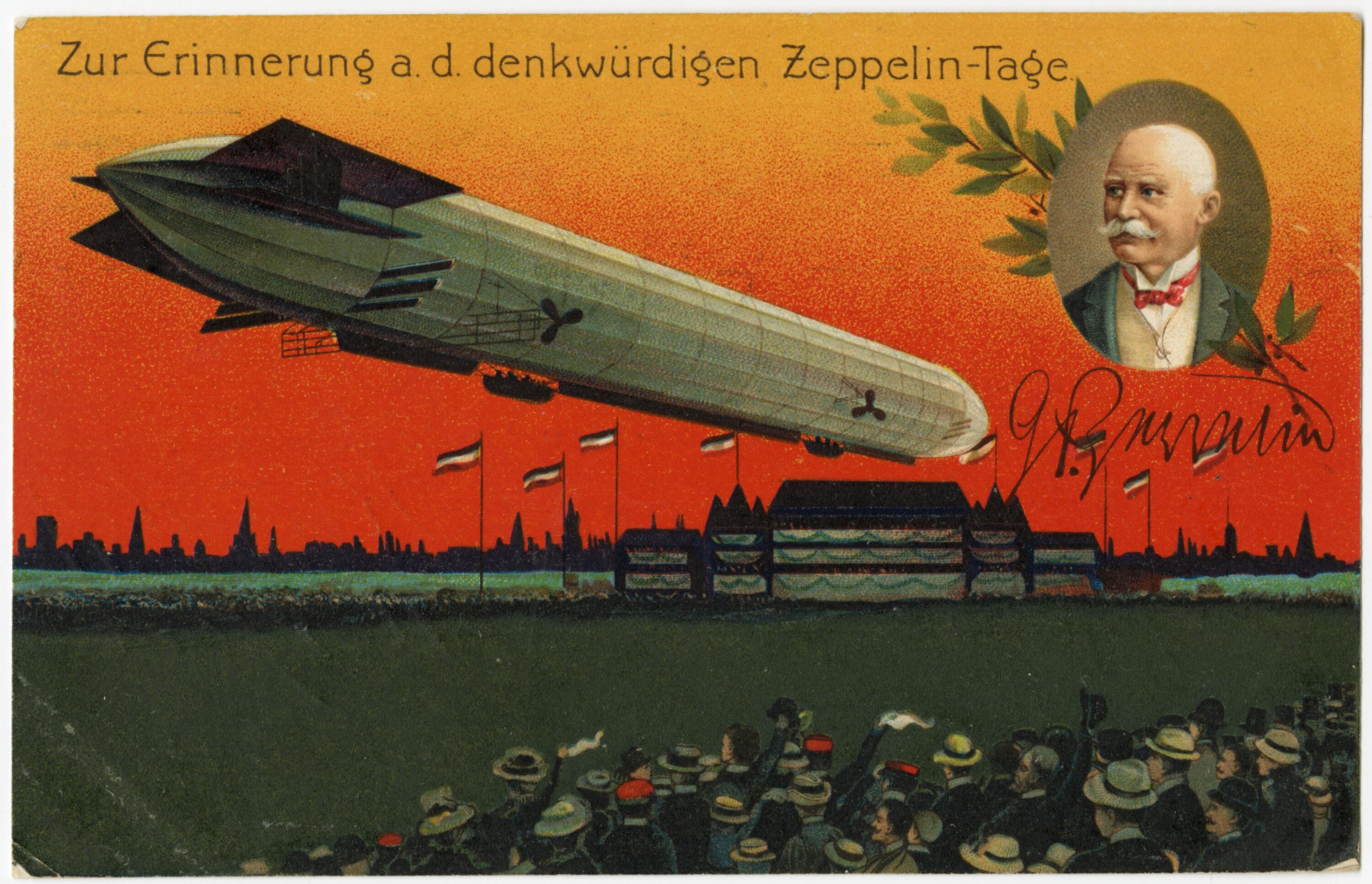 Ansichtspostkarte, Zur Erinnerung a.d, denkwürdigen Zepplin-Tage ...